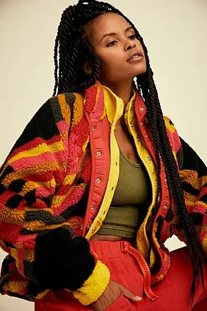 Free People FP Movement Hit The Slopes Printed Fleece Jacket Sunset Plaid Combo