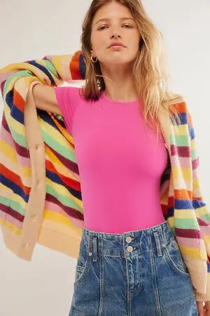 Free People Clean Lines Tee Bodysuit Fuchsia Fedora