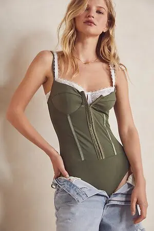 Free People Night Rhythm Corset Bodysuit Army