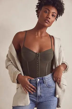 Free People Night Rhythm Corset Bodysuit Dark Army