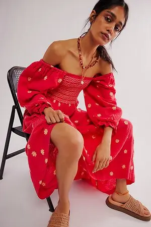 Free People Free People Dahlia Embroidered Maxi Dress Watermelon Wedge
