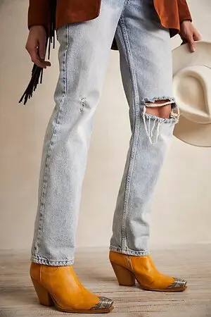 Free People Western Style Leather Boots With Etched Metal Toe Mango