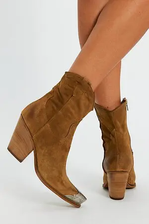 Free People Western Style Leather Boots With Etched Metal Toe - Ocre Suede