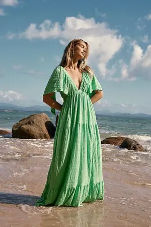 Free People Free-est Maxi Dress With Flutter Sleeves And Tiered Silhouette Glowing Turquoise