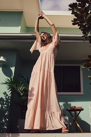 Free People Free-est Maxi Dress With Flutter Sleeves And Tiered Silhouette Spring Blush