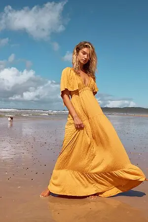Free People Free-est Maxi Dress With Flutter Sleeves And Tiered Silhouette Sun Tan