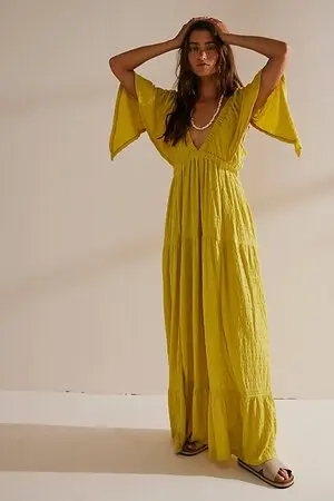 Free People Free-est Maxi Dress With Flutter Sleeves And Tiered Silhouette Warm Olive