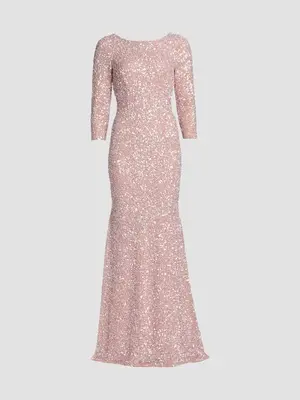 Theia Three-quarter Sleeve Sequin Sheath Gown Blush