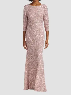 Theia Three-quarter Sleeve Sequin Sheath Gown - Blush