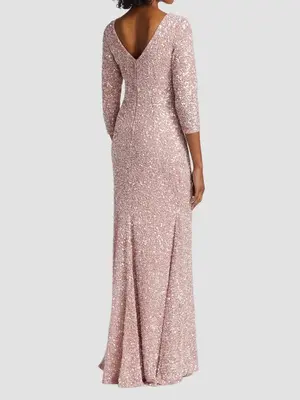 Theia Three-quarter Sleeve Sequin Sheath Gown - Blush