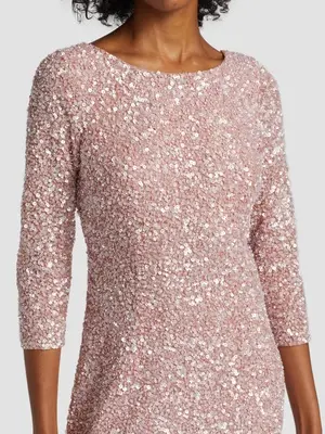Theia Three-quarter Sleeve Sequin Sheath Gown - Blush