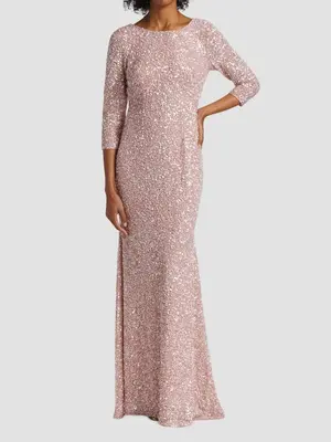 Theia Three-quarter Sleeve Sequin Sheath Gown - Blush