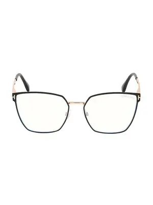 TOM FORD 56mm Angular Metal Blue Block Glasses - Black