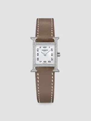 Hermès Heure H 21mm Stainless Steel, Diamond & Leather Strap Watch - Brown