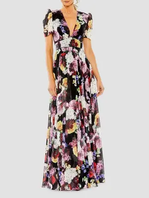 Mac Duggal Ieena Floral Chiffon Gown Black Multi