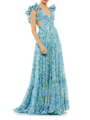 Mac Duggal Ieena Floral Chiffon Gown - Blue Multi