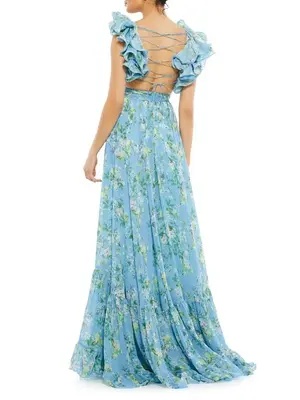 Mac Duggal Ieena Floral Chiffon Gown - Blue Multi