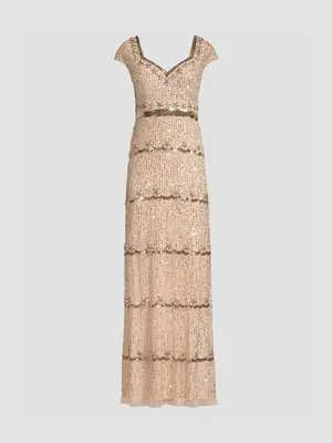 Mac Duggal Embellished Cap Sleeve Gown - Beige