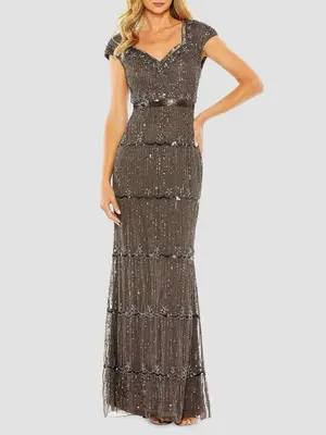 Mac Duggal Embellished Cap Sleeve Gown - Charcoal