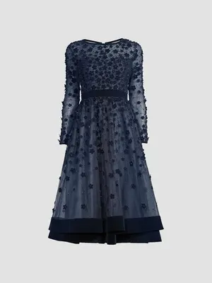 Mac Duggal Floral Appliqué Tea Dress - Midnight