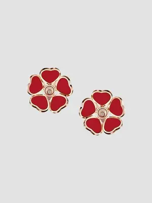 Chopard Happy Diamonds Happy Hearts Flowers 18k Rose Gold, Diamond & Stone Earrings - Red