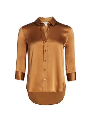 L'Agence Dani Three-quarter Sleeve Silk Shirt Biscotti