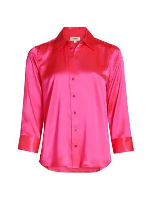 L'Agence Dani Three-quarter Sleeve Silk Shirt Shocking Pink