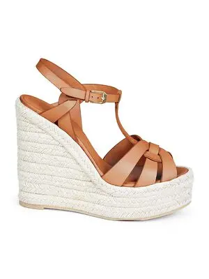Saint Laurent Tribute Leather Espadrille Wedge Sandals Amber