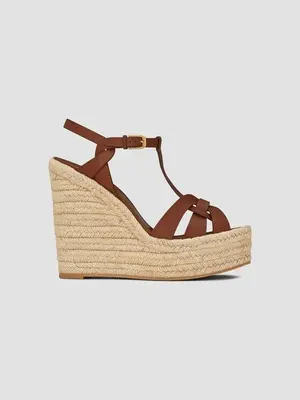 Saint Laurent Tribute Leather Espadrille Wedge Sandals - Ambra