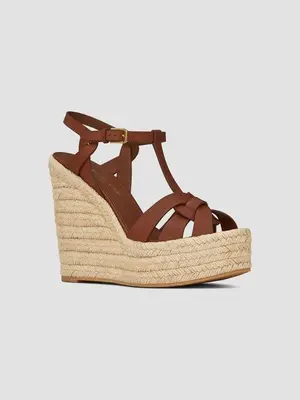 Saint Laurent Tribute Leather Espadrille Wedge Sandals - Ambra