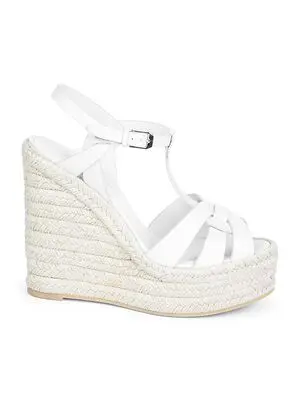 Saint Laurent Tribute Leather Espadrille Wedge Sandals Porcelain