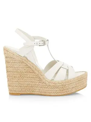 Saint Laurent Tribute Leather Espadrille Wedge Sandals Porcellana