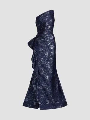 Rickie Freeman For Teri Jon Jacquard One-shoulder Gown - Navy