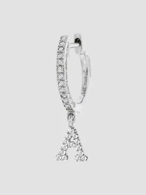 Meira T 14k White Gold Diamond Intial Single Huggie Hoop Earring - Initial A
