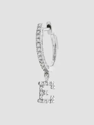 Meira T 14k White Gold Diamond Intial Single Huggie Hoop Earring - Initial E