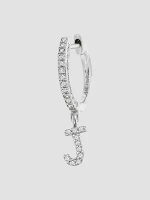 Meira T 14k White Gold Diamond Intial Single Huggie Hoop Earring - Initial J