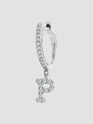 Meira T 14k White Gold Diamond Intial Single Huggie Hoop Earring - Initial P