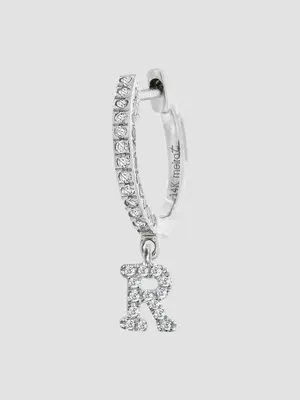 Meira T 14k White Gold Diamond Intial Single Huggie Hoop Earring - Initial R