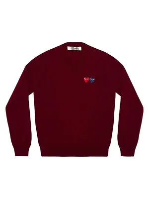 Play Comme Des Garcon Double Heart Play V-neck Sweater Burgundy