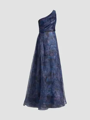 Rene Ruiz Collection Floral One-shoulder Organza Gown - Blue Print