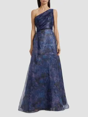 Rene Ruiz Collection Floral One-shoulder Organza Gown - Blue Print