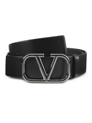 Valentino Garavani Men's Logo Leather Belt - Nero Gunmetal  - Nero Gunmetal