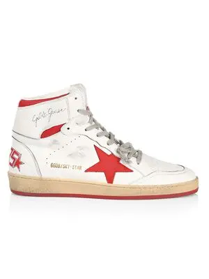 GOLDEN GOOSE Men's Sky Star Leather High-Top Sneakers - White Red  White Red