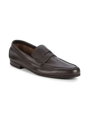 John Lobb Thorne Pebble-grained Leather Penny Loafers - Dark Brown