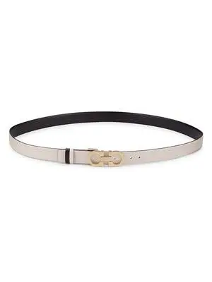 FERRAGAMO Donna Gancini Buckle Reversible Leather Belt Bone Nero