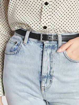 Saint Laurent Cassandre Thin Belt With Square Buckle In Grained Leather