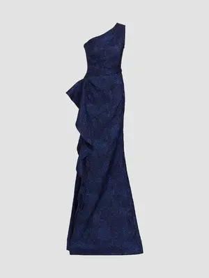 Rickie Freeman For Teri Jon Metallic Jacquard One-shoulder Gown - Black Blue