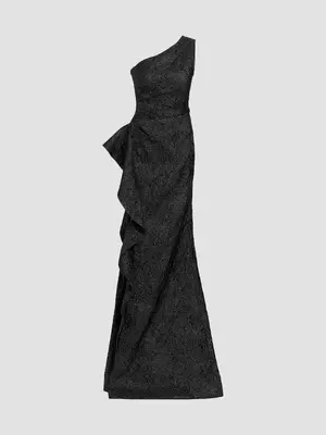 Rickie Freeman For Teri Jon Metallic Jacquard One-shoulder Gown - Black