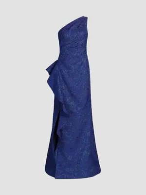 Rickie Freeman For Teri Jon Metallic Jacquard One-shoulder Gown - Royal Multi