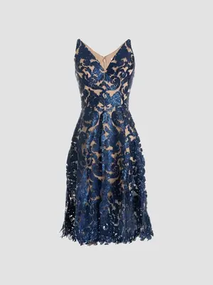 Dress The Population Blair Sleeveless Sequin Lace Midi Dress - Navy Tan